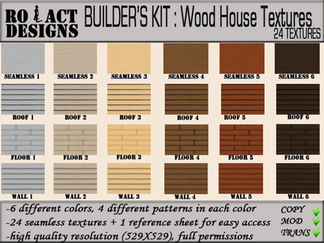 Second Life Marketplace - ..::RO!ACT::..DESIGNS Builder's Kit: 24 Wood House Textures Building Kit